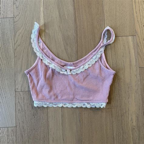 Cute Pink Crop Top With Lace Trim And Rose Detail Depop