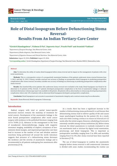 Pdf Role Of Distal Loopogram Before Defunctioning Stoma Reversal Results From An Indian
