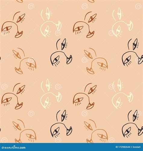 One Line Drawing Abstract Faces Seamless Pattern Modern Aesthetic Print Minimalism Contour
