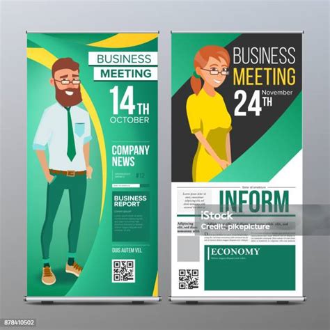 서 벡터를 롤 수직 깃발 빈 디자인입니다 실업가 그리고 비즈니스 여자 위한 비즈니스 컨퍼런스 초대 개념입니다 녹색 노란색입니다