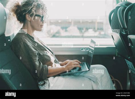One Woman Working On Bus With Laptop During Passenger Travel Businesswoman Modern Lifestyle