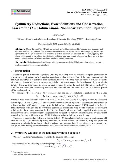 Global Science Press Symmetry Reductions Exact Solutions And Conservation Laws Of The 3 1