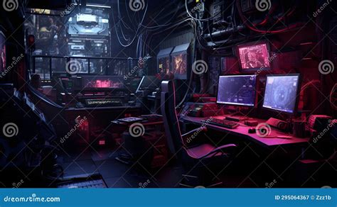 Messy And Dark Cyberpunk Hacker Hideout Room Neural Network Generated