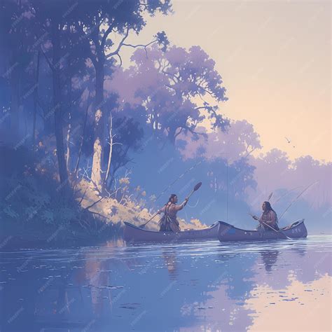 Native American Canoeing On River Premium Ai Generated Image