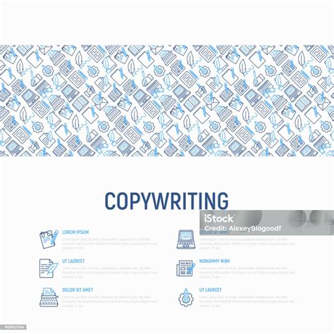 얇은 선 아이콘으로 카피 라이팅 개념 편지 전자 메일 책 블로그 펜 깃털 타자기 문서 현 서와 손 현대 벡터 일러스트 레이 션 웹 페이지 서식 파일 배너 개념에 대한 스톡
