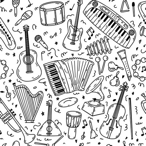Seamless Pattern With Hand Drawn Doodle Musical Instruments Vector Sketch Illustration Set