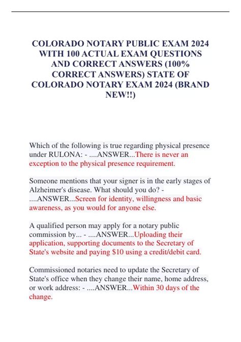 Colorado Notary Public Exam 2024 With 100 Actual Exam Questions And Correct Answers 100