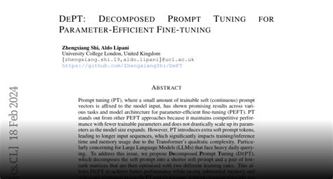 Paper Page Dept Decomposed Prompt Tuning For Parameter Efficient Fine Tuning