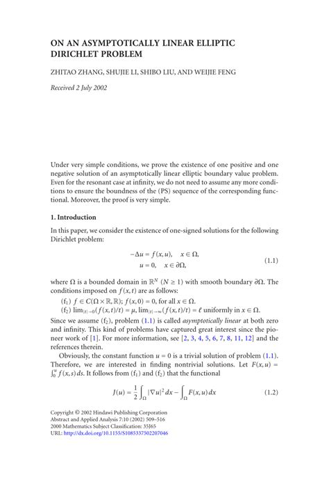 Pdf On An Asymptotically Linear Elliptic Dirichlet Problem