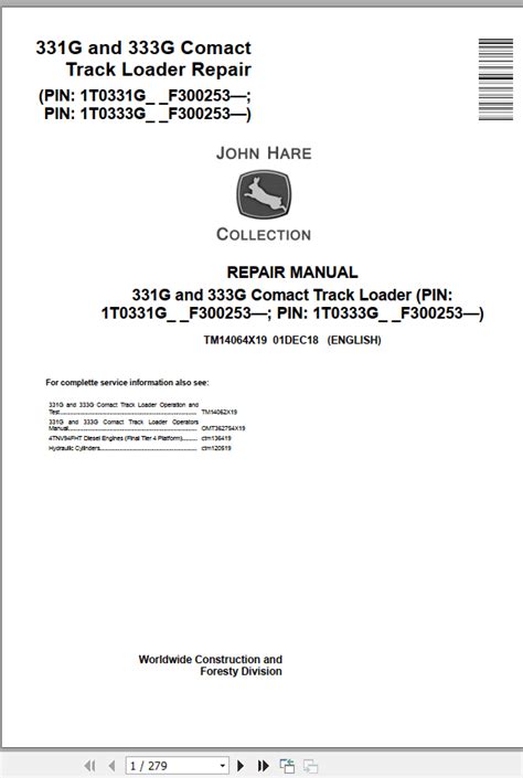 John Deere Comact Track Loader 331g 333g Repair Manual Tm14064x19