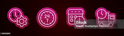 라인 시간 관리 시계 24시간 달력 및 시계 및 배달 트럭 시간을 설정합니다 빛나는 네온 아이콘입니다 벡터 달력에 대한 스톡 벡터 아트 및 기타 이미지 Istock