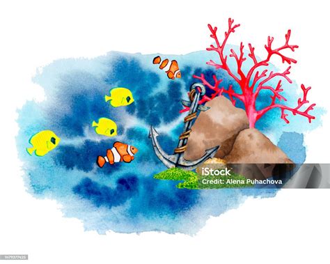 바다 바닥 수채화 구성 산호초 조개 침몰 한 앵커 및 이국적인 물고기 구도에 대한 스톡 벡터 아트 및 기타 이미지 구도