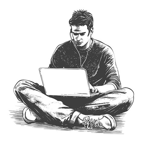 Premium Vector Man Playing On Laptop While Sitting Cross Legged With Engraving Style