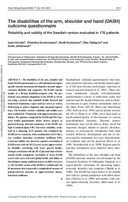 Pdf The Disabilities Of The Arm Shoulder And Hand Dash Outcome Questionnaire Reliability