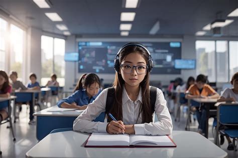 Premium Ai Image The Future Of Homework Virtual Assignments In Futuristic Classrooms