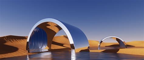 3d 렌더링 물 속에서 둥근 거울 기하학적 모양을 가진 추상적 인 환상적인 파노라마 배경 맑고 푸른 하늘 아래 모래 언덕이있는 사막 풍경 현대 최소한의 미적 벽지 사막에