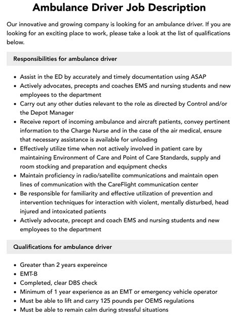Ambulance Driver Job Description Velvet Jobs