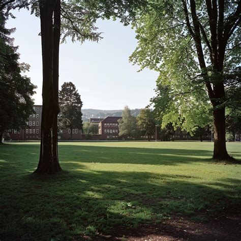 Photo Of The Background View Of A School Field With Green Grass And A Few Trees Premium Ai