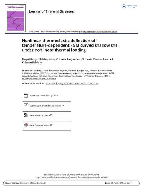 Pdf Nonlinear Thermoelastic Deflection Of Temperature Dependent Fgm Curved Shallow Shell Under