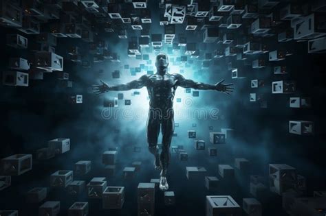 A Human Body Made Of Disintegrating Squares And Cubes Standing In Front Of A Digital Background