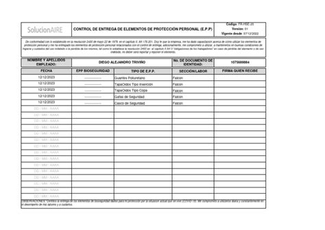 Control De Entrega De Epp Bioseguridad Pdf