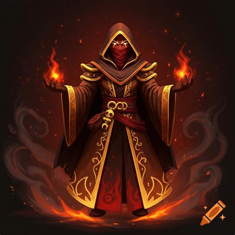 A Hooded Cultist Figure In Dark Robes With Gold Trim Holding Flames In