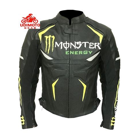 Mens Black Leather Monster Energy Motorcycle Jacket Racing Biker