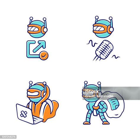 봇 은 색상 아이콘 세트를 입력합니다 해커 백링크 검사기 스크레이퍼 봇 악성 로봇 인공 지능 Ai 음성 인식 웹 최적화 컴퓨터 바이러스 격리된 벡터 일러스트레이션 개념에