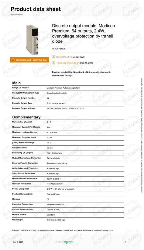 Elemro Schneider Plc Discrete Output Module Modicon Premium Tsxdsy64t2k