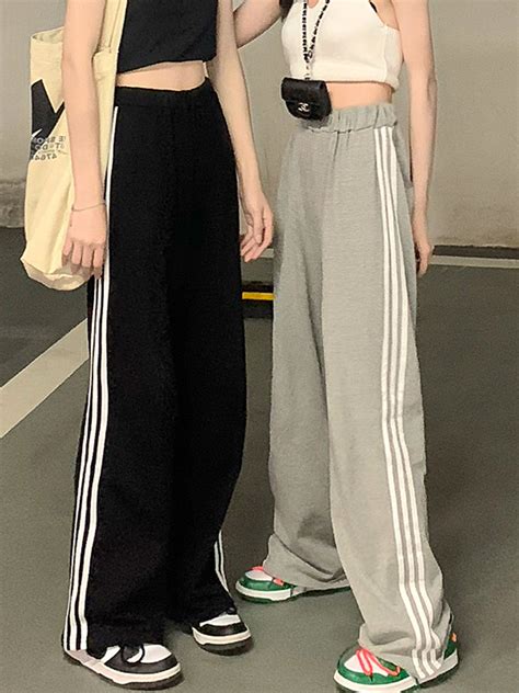 그레이블랙 캐주얼 스트릿 꾸안꾸 밴딩 배색 스트라이프 롱 와이드 면바지 20대 30대 여성 하객 바캉스 여행