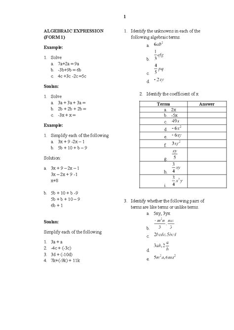 Algebraic Expression Form 1 Algebraic Expression Form 1 Example Solve A 7a 2a 9a B 3b