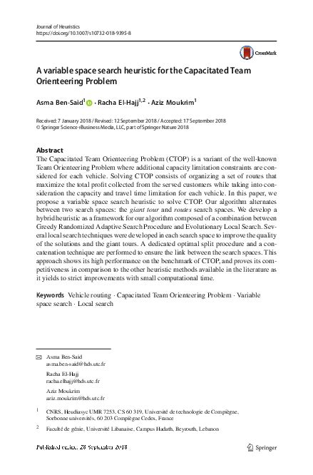 Pdf A Variable Space Search Heuristic For The Capacitated Team Orienteering Problem