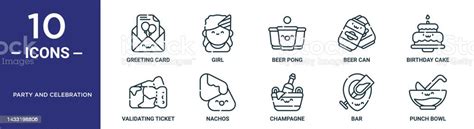 파티 및 축하 개요 아이콘 세트에는 얇은 줄 인사말 카드 맥주 퐁 생일 케이크 나초 바 펀치 그릇 보고서 프리젠 테이션