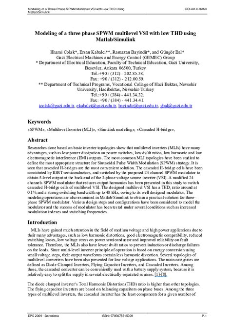 Pdf Modeling Of A Three Phase Spwm Multilevel Vsi With Low Thd Using
