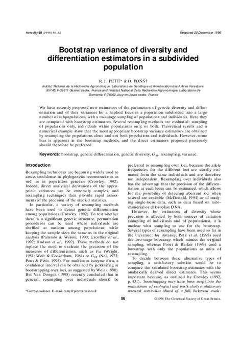 Pdf Bootstrap Variance Of Diversity And Differentiation Estimators In A Subdivided Population