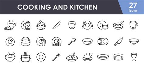 요리 및 주방 아이콘 세트입니다 접시 접시 칼 숟가락 음식 음료 및 기타 아이콘 요리 작업 수저 식기 도구 레스토랑 서비스 개념