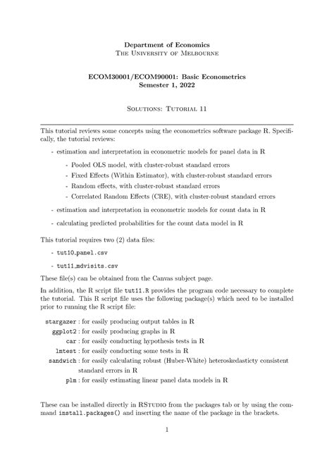 tutorial 11 solutions department of economics the university of melbourne ecom30001 ecom90001