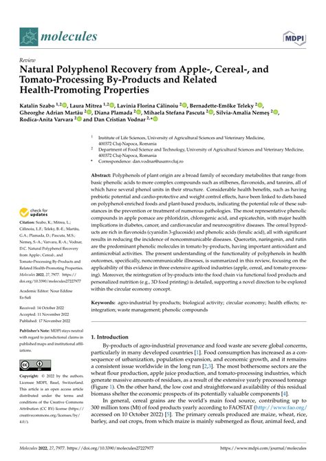 PDF Natural Polyphenol Recovery From Apple Cereal And Tomato Processing By Products And