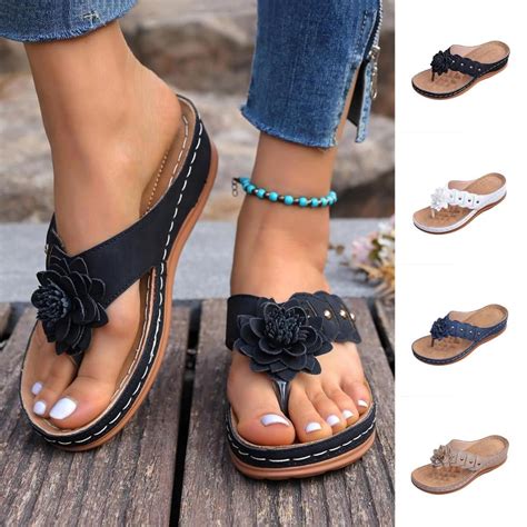 Bxsruta Floral Decor Flip Flops With Wedge Heel Comfortable Pu Leather