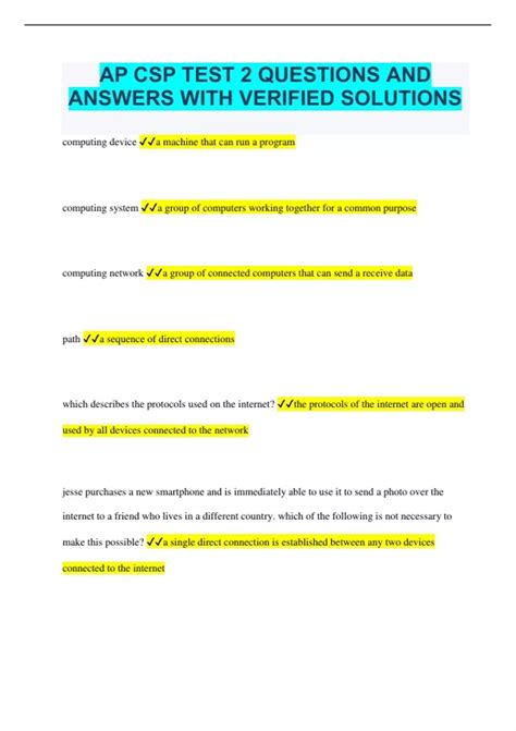 ap csp test 2 questions and answers with verified solutions ap csp