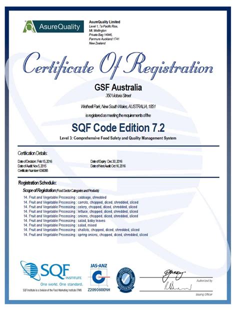 GSF Fresh Australia Comprehensive Food Safety Certificate GSF Fresh Australia