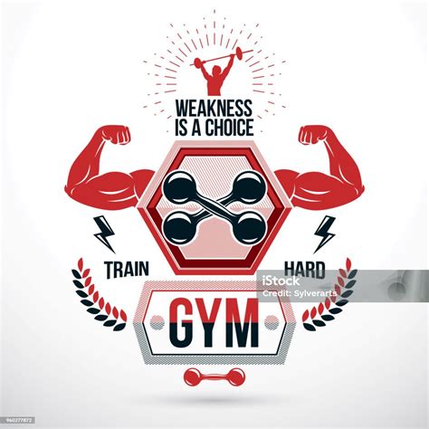 벡터 기호 근육 스포츠맨 팔과 피트 니스 아령으로 구성 약점은 선택 글자 이다 피트 니스 운동과 역도 체육관 개념적 상징 강철에