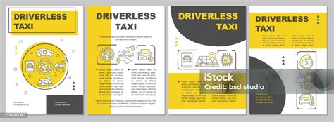 무인 택시 브로셔 템플릿 레이아웃입니다 로보 택시 서비스 전단지 소책자 선형 그림이있는 전단지 인쇄 디자인 잡지 연례 보고서 광고 포스터에 대한 벡터 페이지 레이아웃 A4