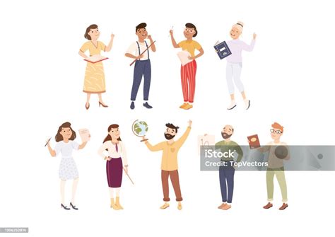 포인터와 학교 책 벡터 일러스트 레이션 세트와 남자와 여자 학교 교사 또는 교육자 교사 교육 관련 직업에 대한 스톡 벡터 아트