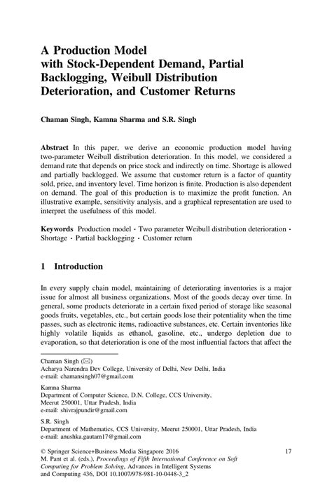 Pdf A Production Model With Stock Dependent Demand Partial Backlogging Weibull Distribution