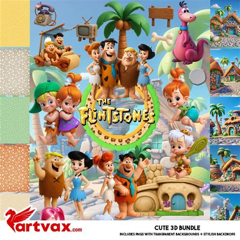 Flintstones Clipart Bundle Cute 3d Cartoon Pngs And Digital Papers For