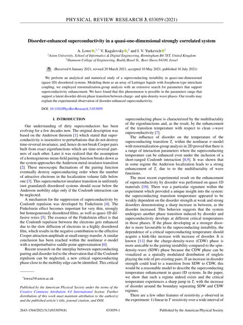 Pdf Disorder Enhanced Superconductivity In A Quasi One Dimensional Strongly Correlated System