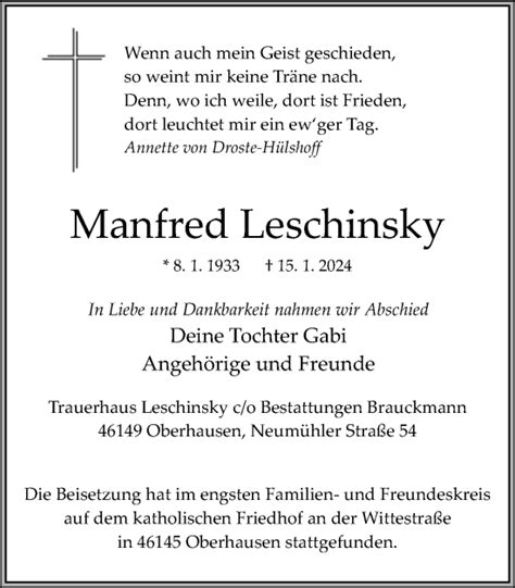 Traueranzeigen Von Manfred Leschinsky Trauer In Nrwde