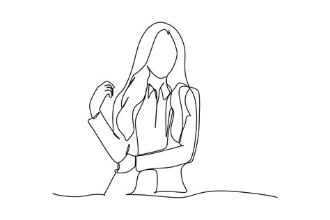 Single Line Drawing Smiling Attractive Business Woman In Her Office Standing With Confident