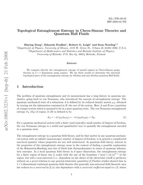Pdf Topological Entanglement Entropy In Chern Simons Theories And Quantum Hall Fluids
